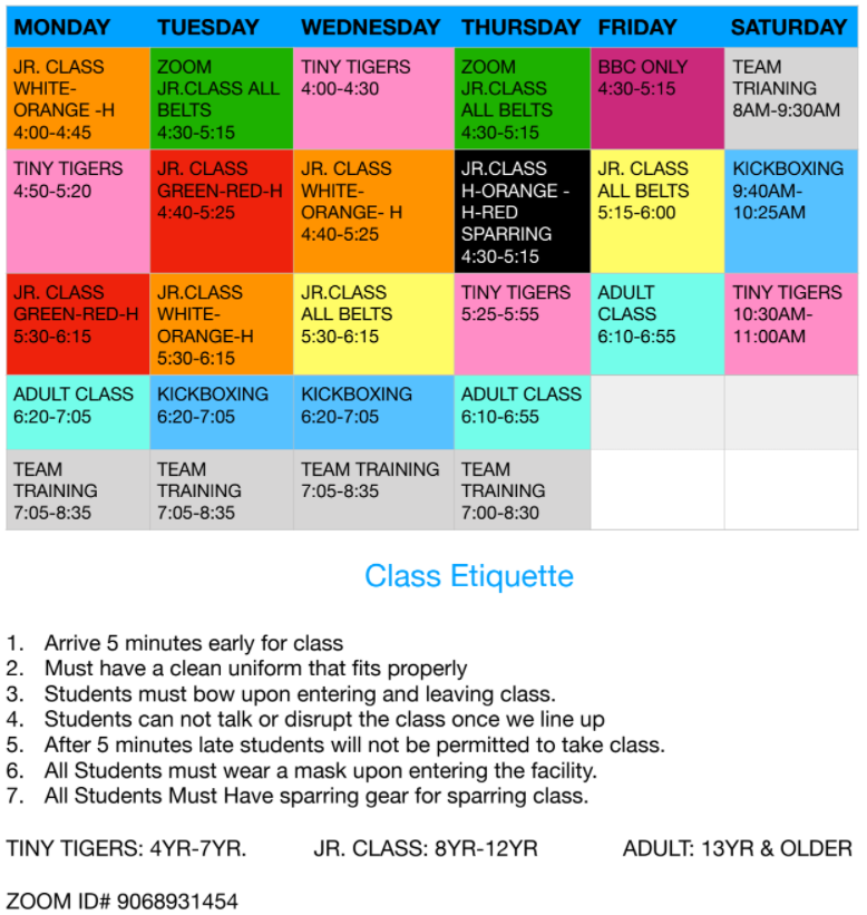 Class Schedule | Invictus Taekwondo