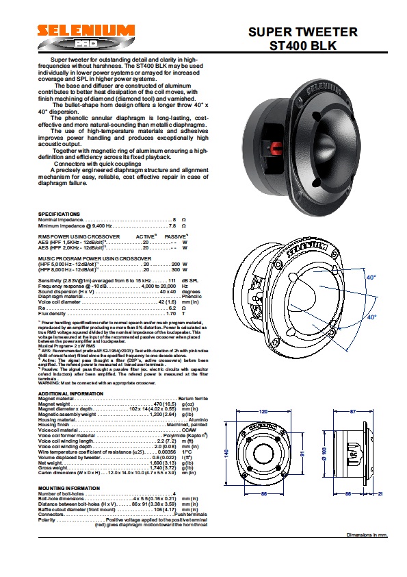 Selenium ST400 BLK Professional Line Supertweeter